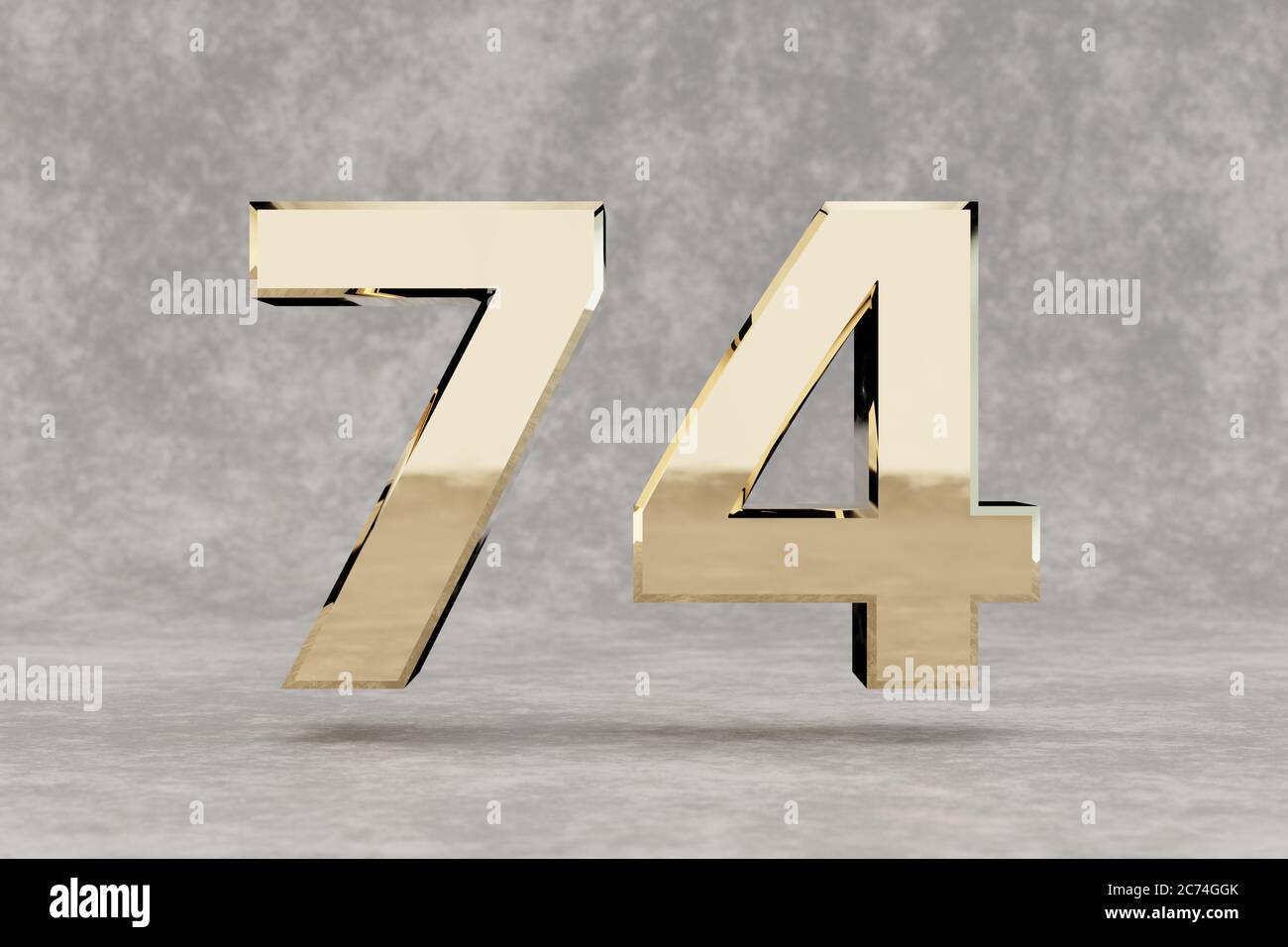 Gold 3d number 74. Glossy golden number on concrete background ...