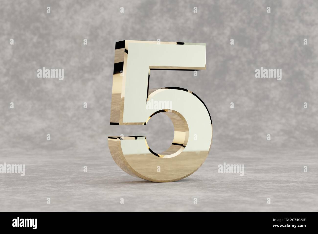 Gold 3d number 5. Glossy golden number on concrete background. Metallic ...