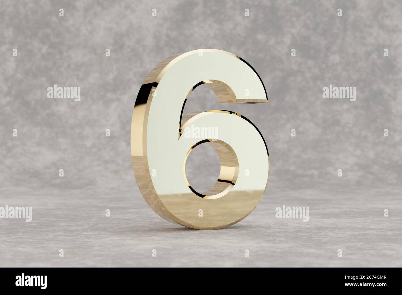 Gold 3d number 6. Glossy golden number on concrete background. Metallic ...
