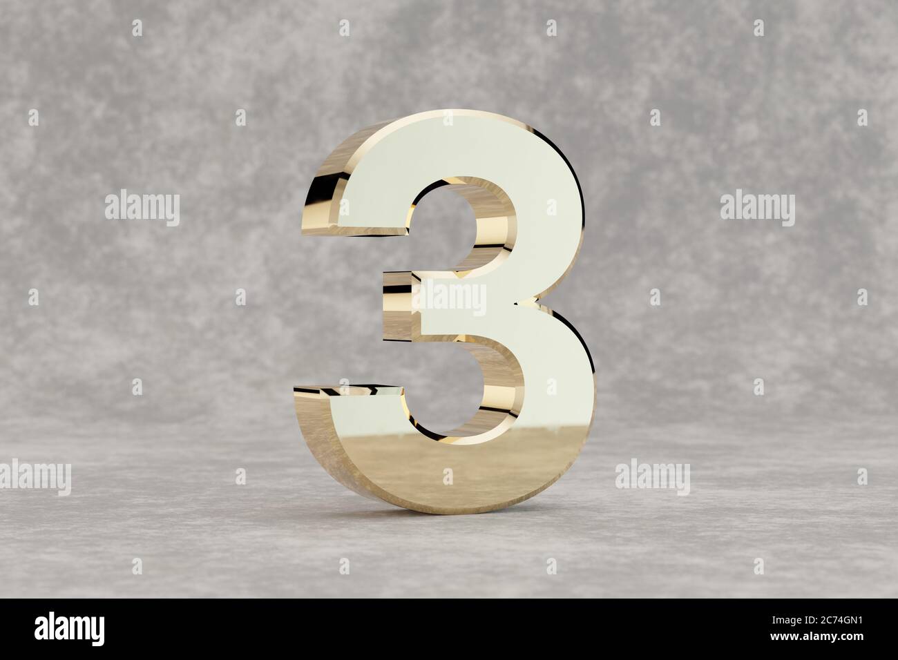 Gold 3d number 3. Glossy golden number on concrete background. Metallic ...