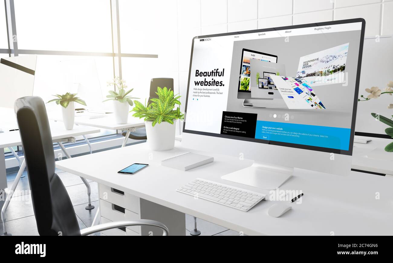 computer with website builder at modern office 3d rendering Stock Photo ...