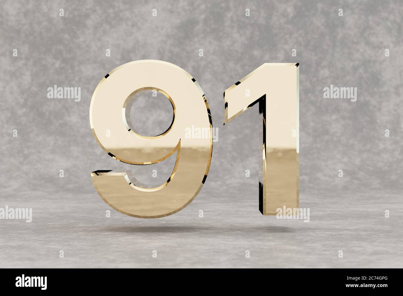 Gold 3d number 91. Glossy golden number on concrete background ...