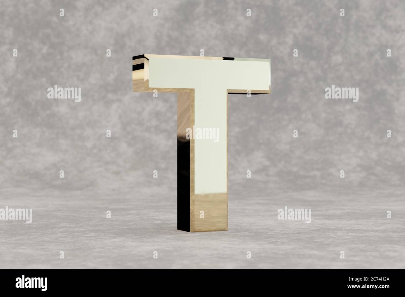 Gold 3d letter T uppercase. Glossy golden letter on concrete background ...