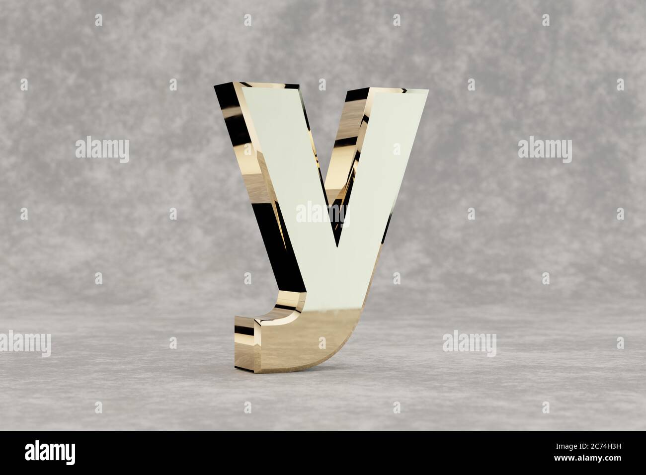 Gold 3d letter Y lowercase. Glossy golden letter on concrete background ...