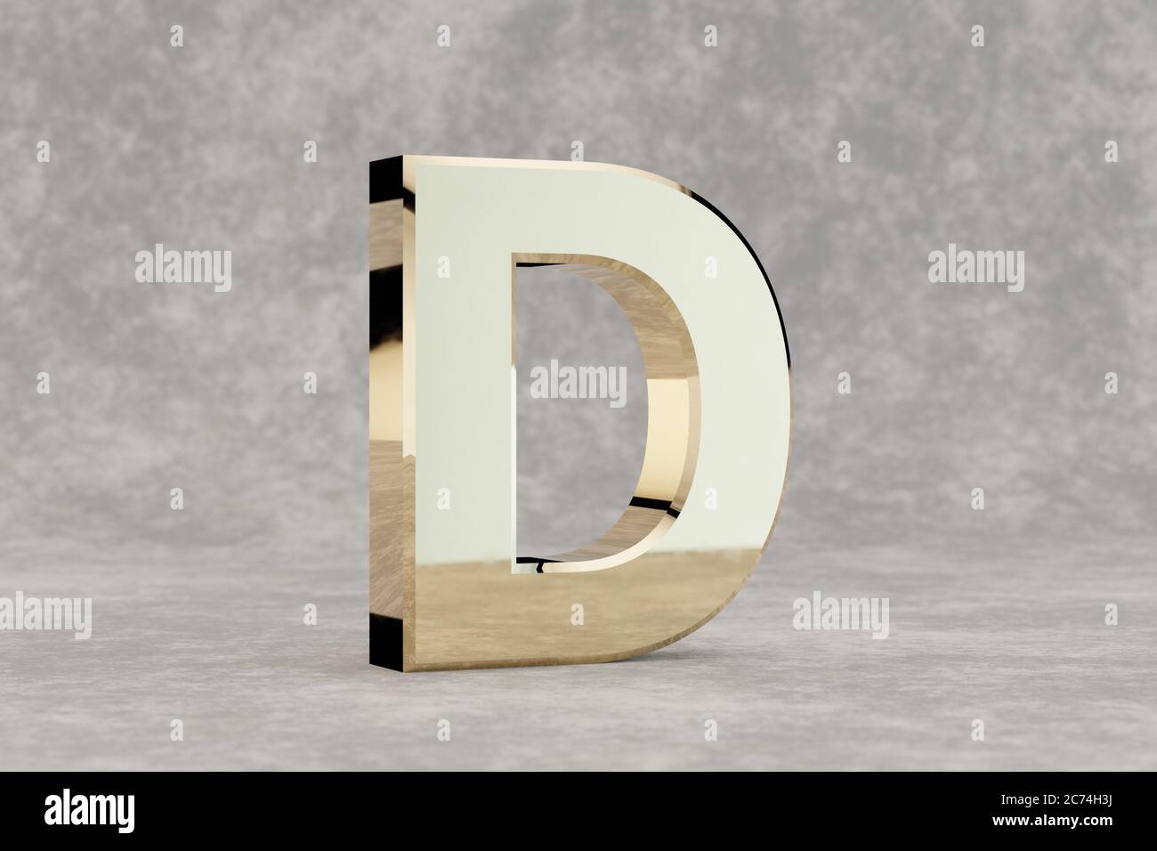Gold 3d letter D uppercase. Glossy golden letter on concrete background ...