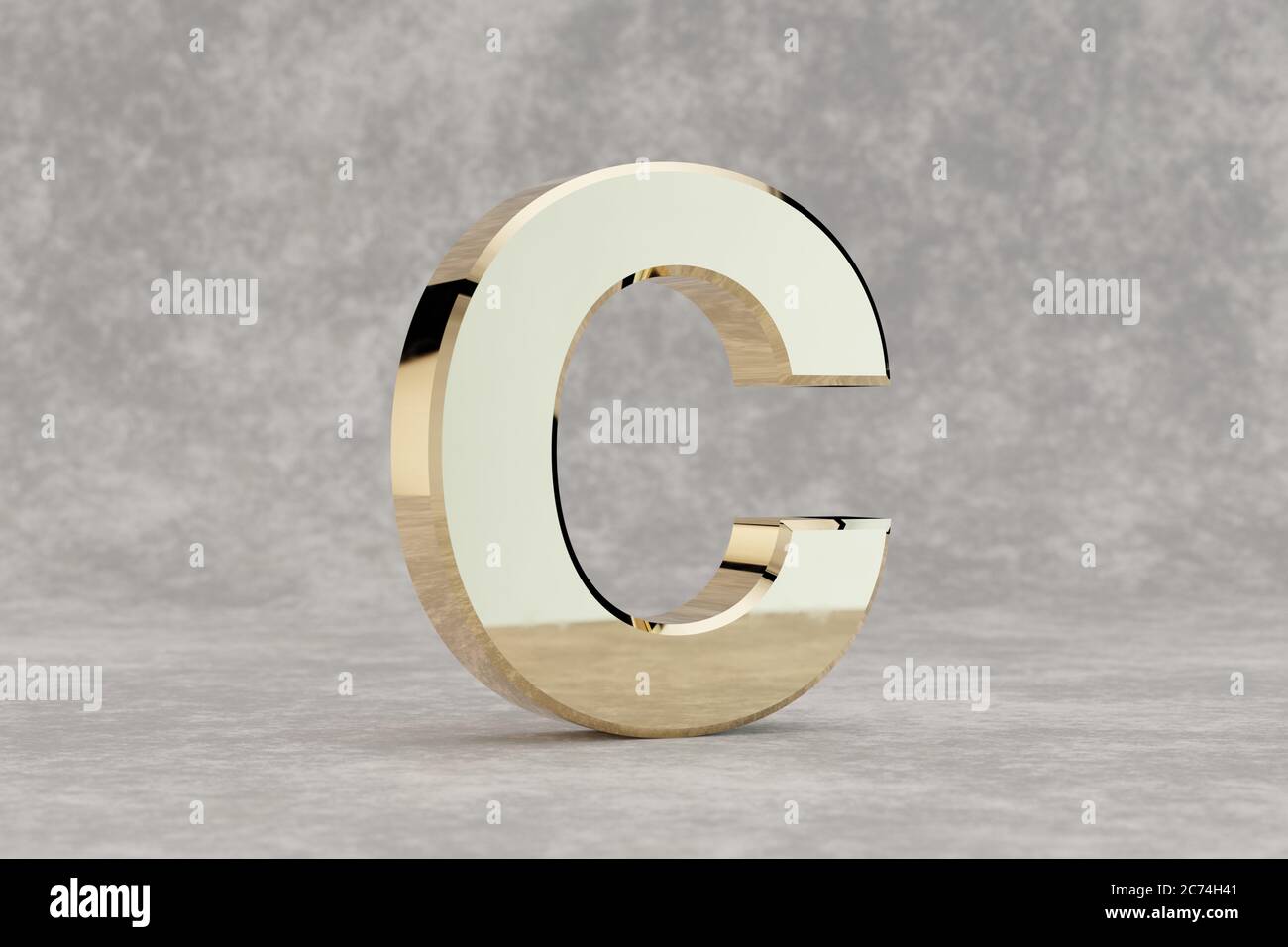 Gold 3d letter C uppercase. Glossy golden letter on concrete background ...