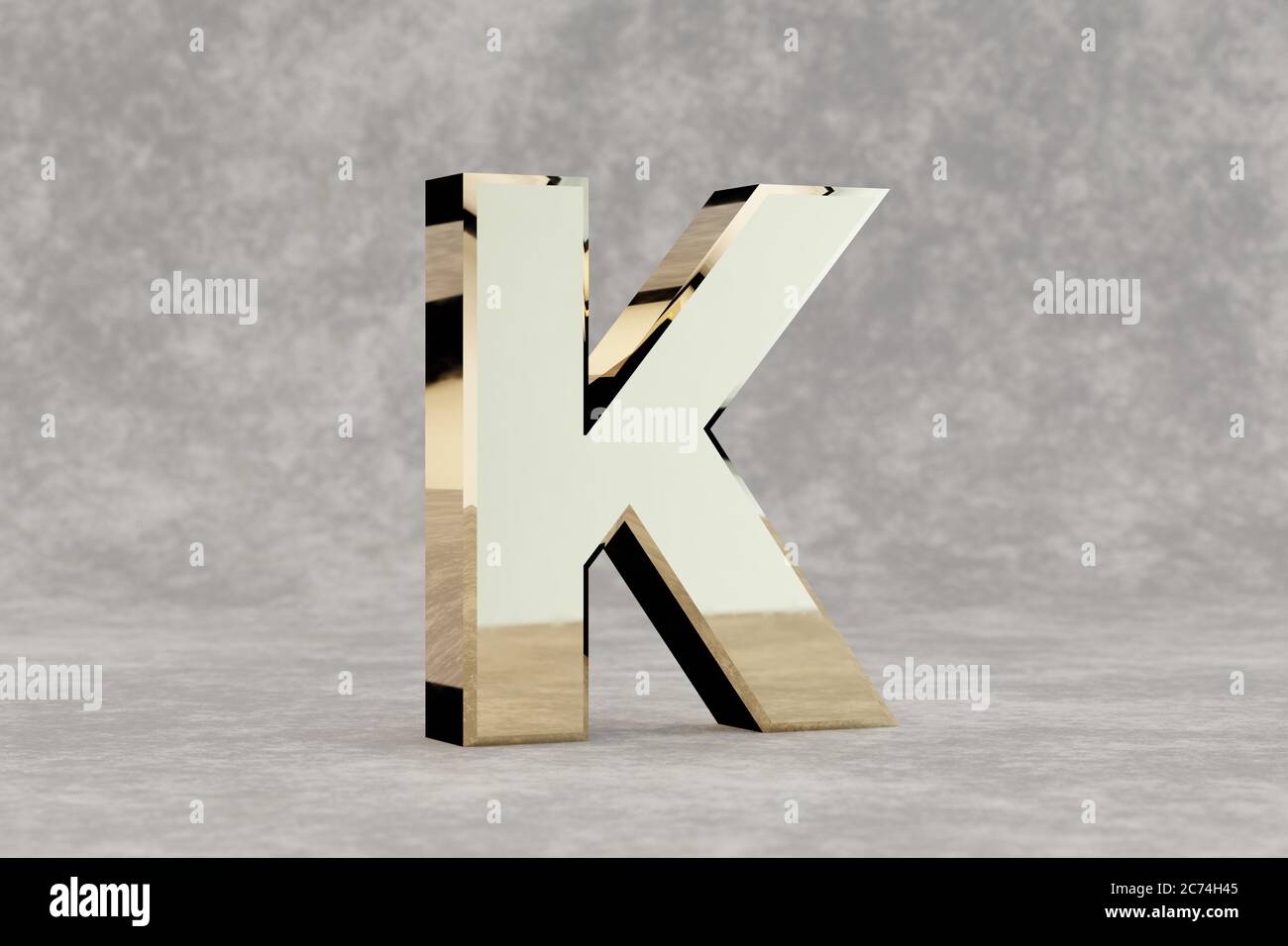 Gold 3d letter K uppercase. Glossy golden letter on concrete background ...