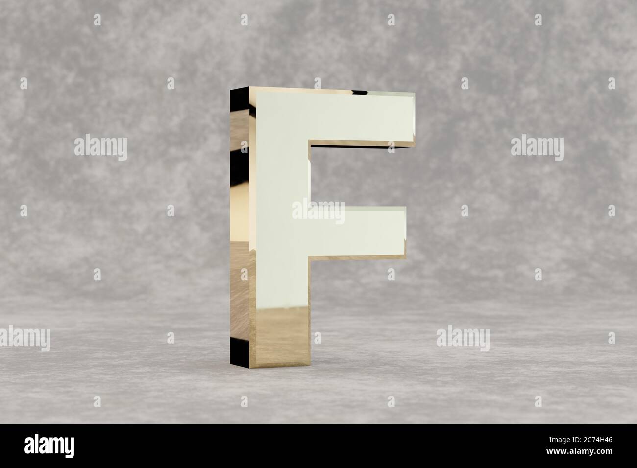 Gold 3d letter F uppercase. Glossy golden letter on concrete background. Metallic alphabet with ...