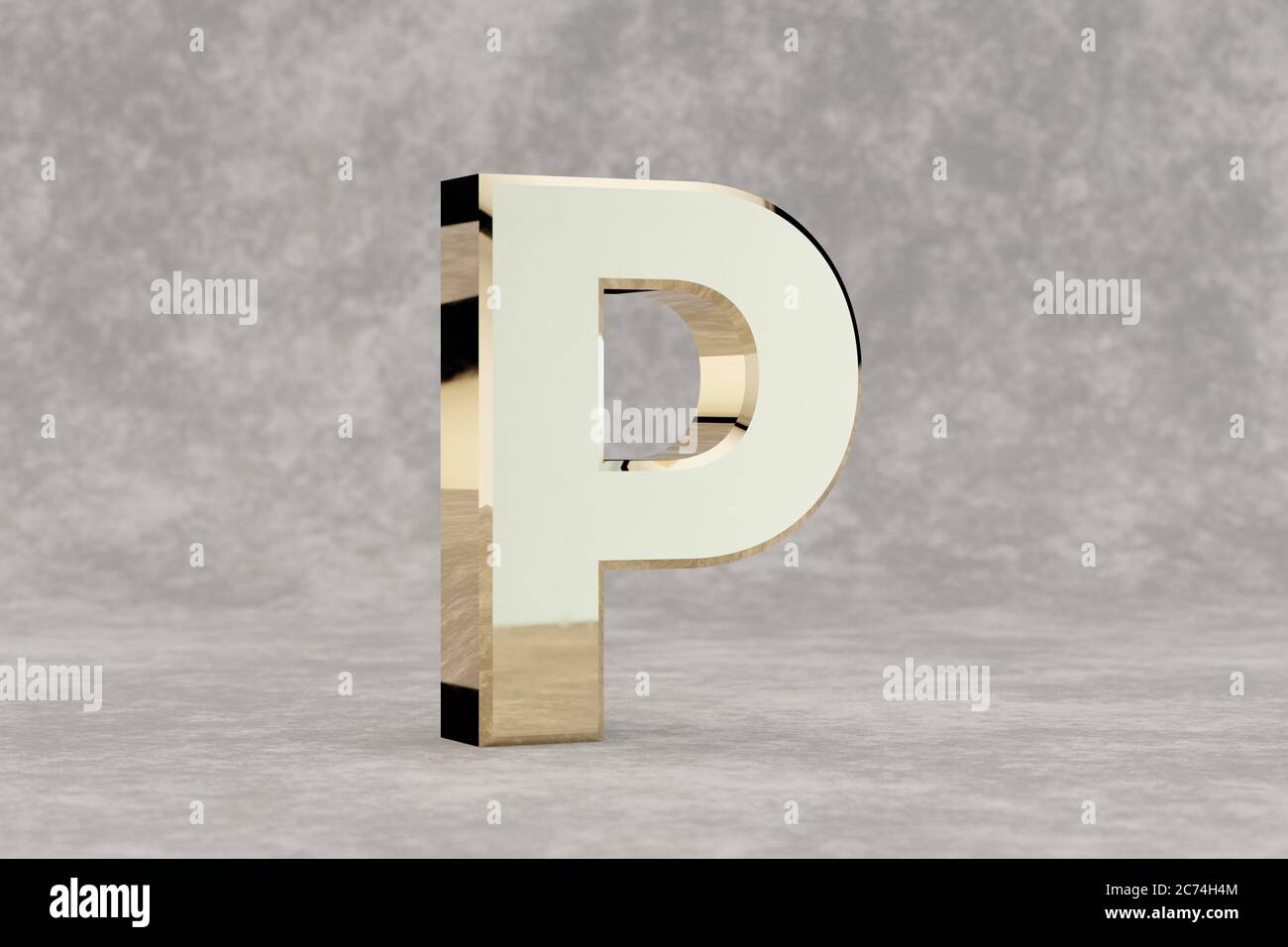 Gold 3d letter P uppercase. Glossy golden letter on concrete background ...