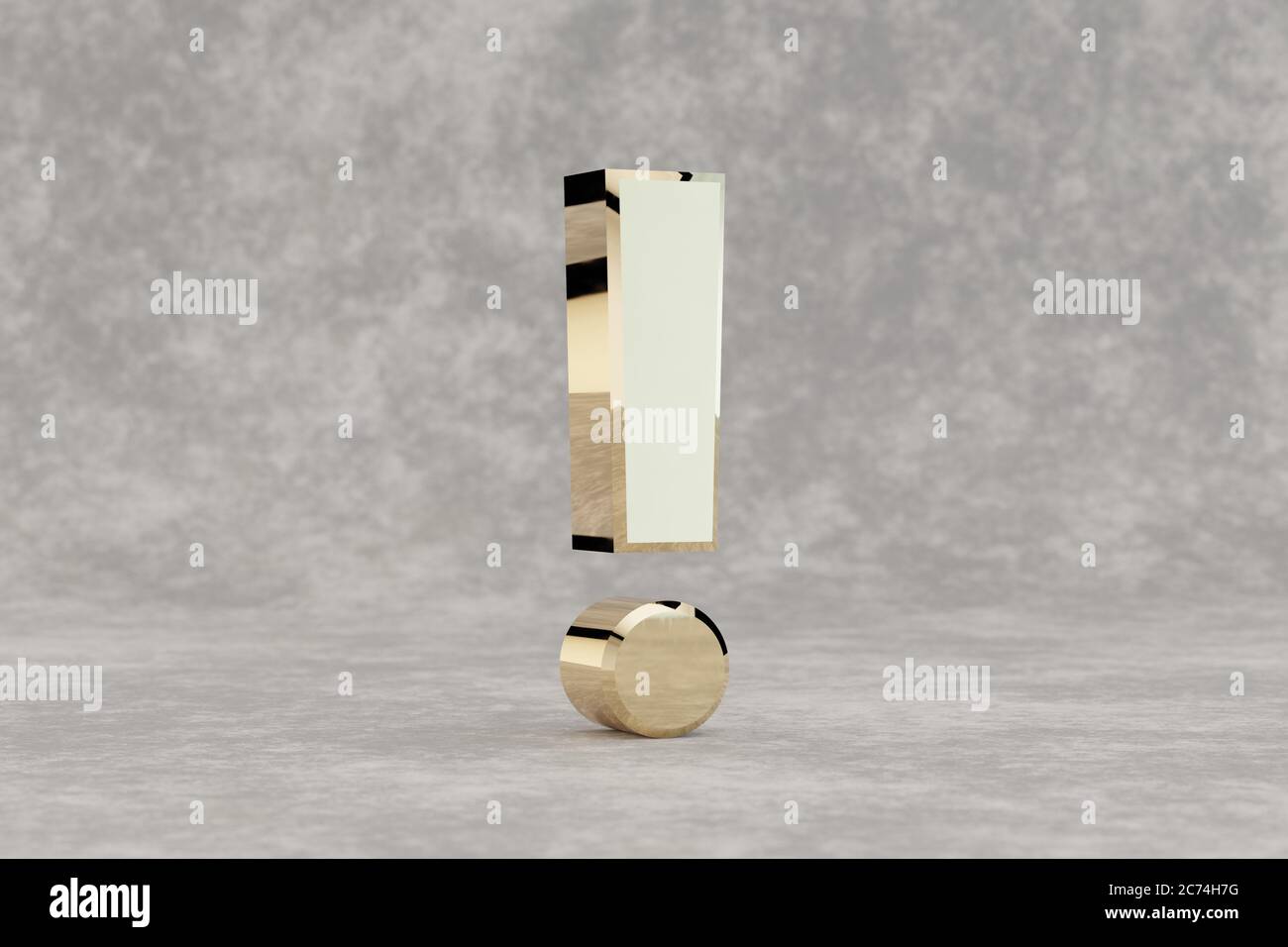 Gold 3d exclamation symbol. Glossy golden sign on concrete background ...
