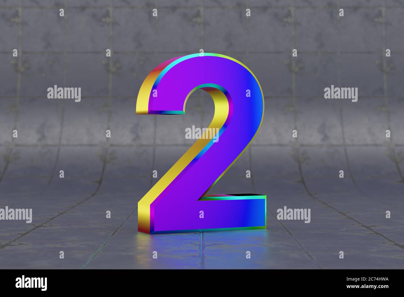 Multicolor 3d number 2. Glossy iridescent number on tile background ...