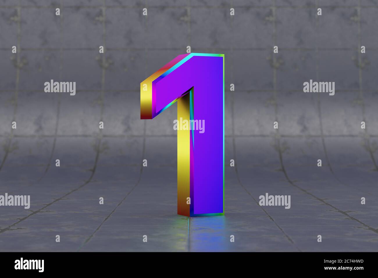 Multicolor 3d number 1. Glossy iridescent number on tile background ...