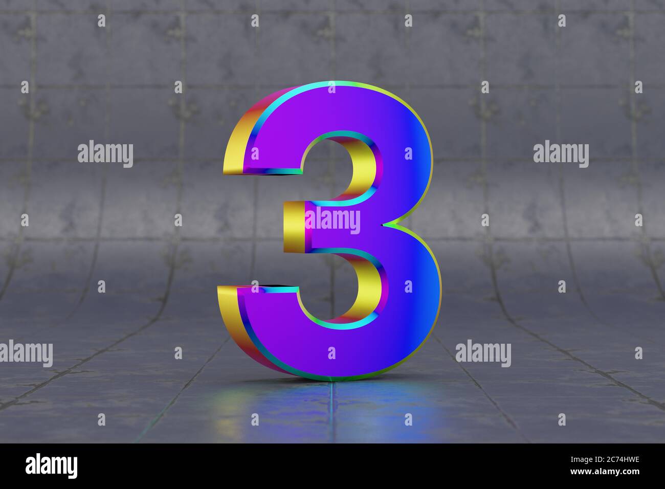 Multicolor 3d number 3. Glossy iridescent number on tile background ...