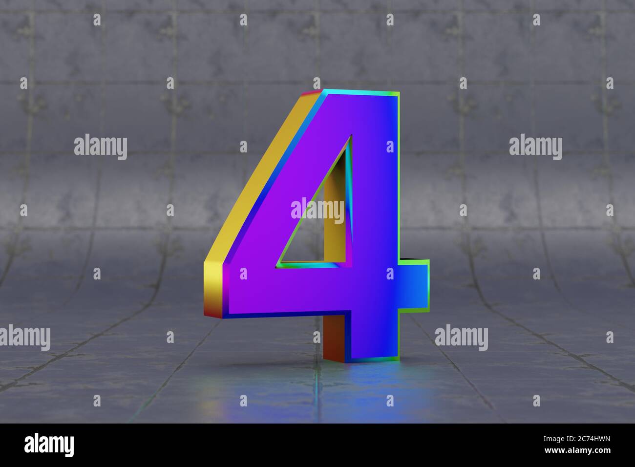Multicolor 3d number 4. Glossy iridescent number on tile background ...