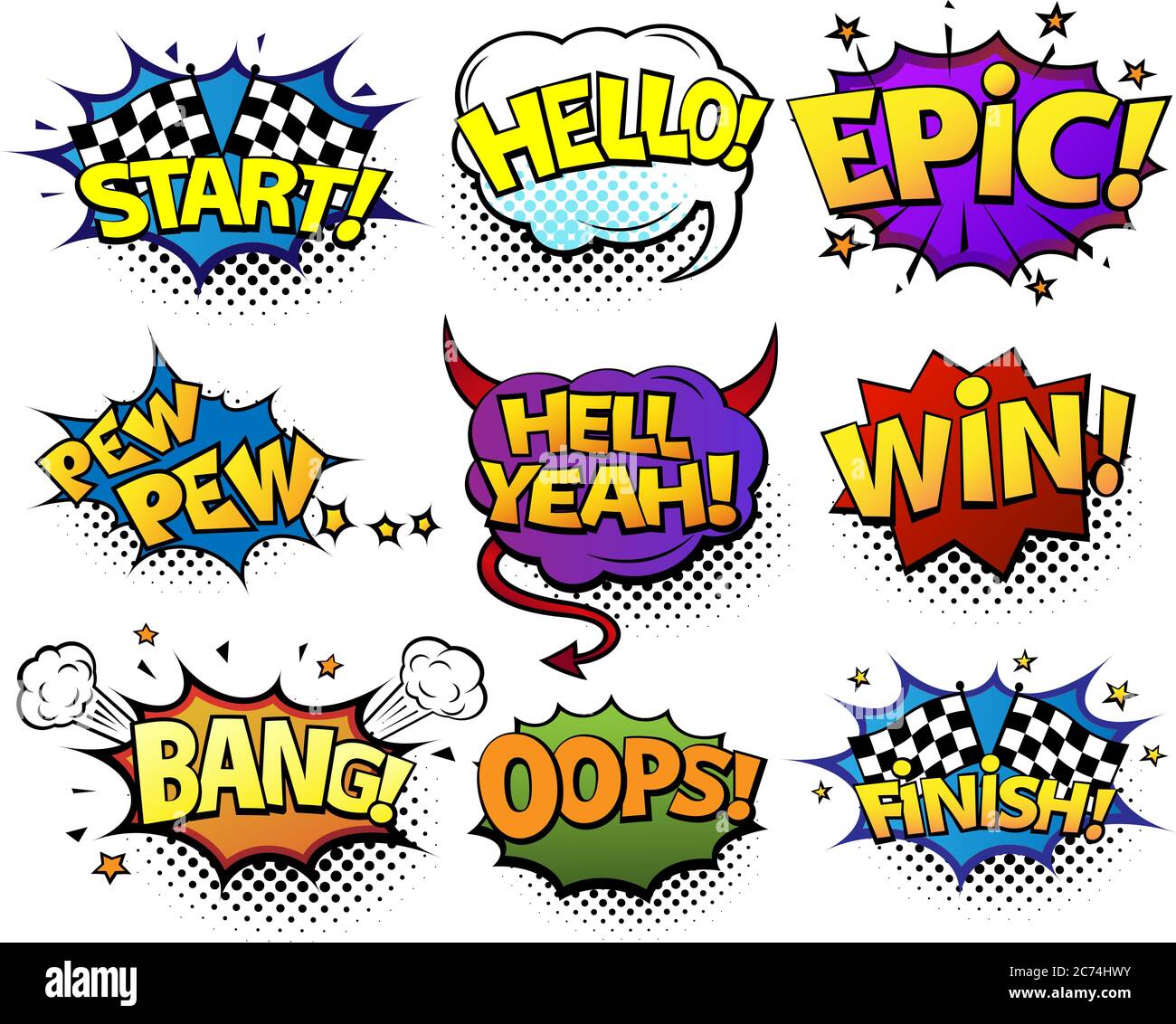Comic speech bubbles set with different emotions and text Start, Hello ...