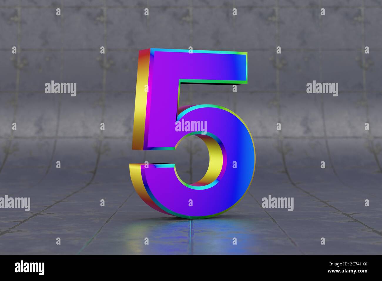 Multicolor 3d number 5. Glossy iridescent number on tile background ...