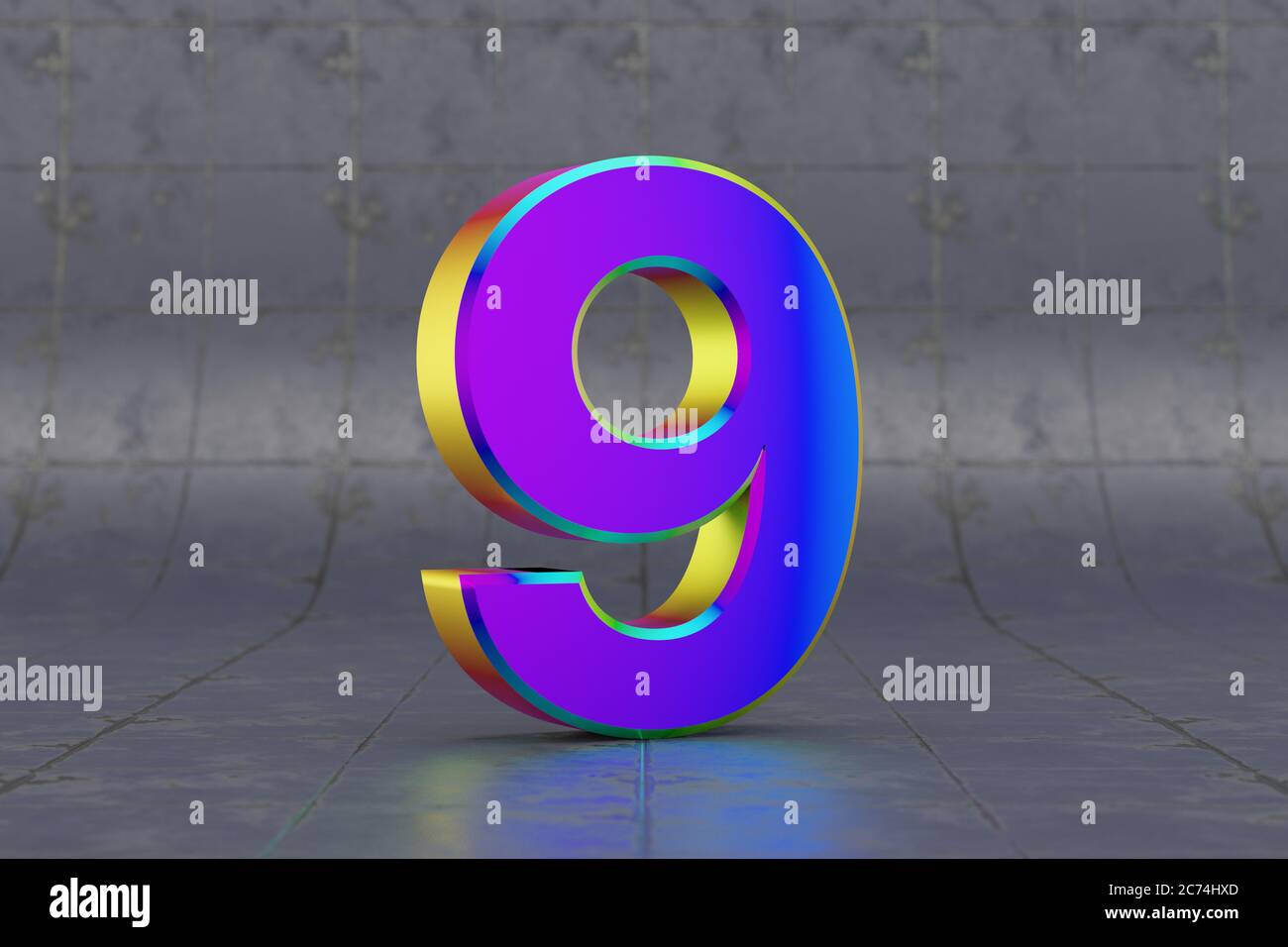 Multicolor 3d number 9. Glossy iridescent number on tile background ...