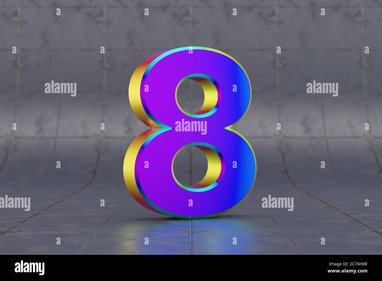 Multicolor 3d number 8. Glossy iridescent number on tile background ...