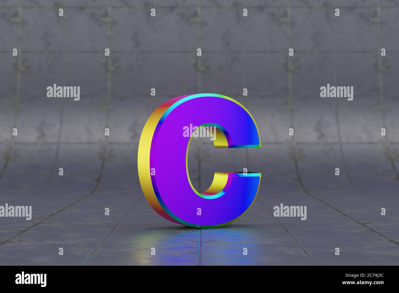 Multicolor 3d letter C lowercase. Glossy iridescent letter on tile ...