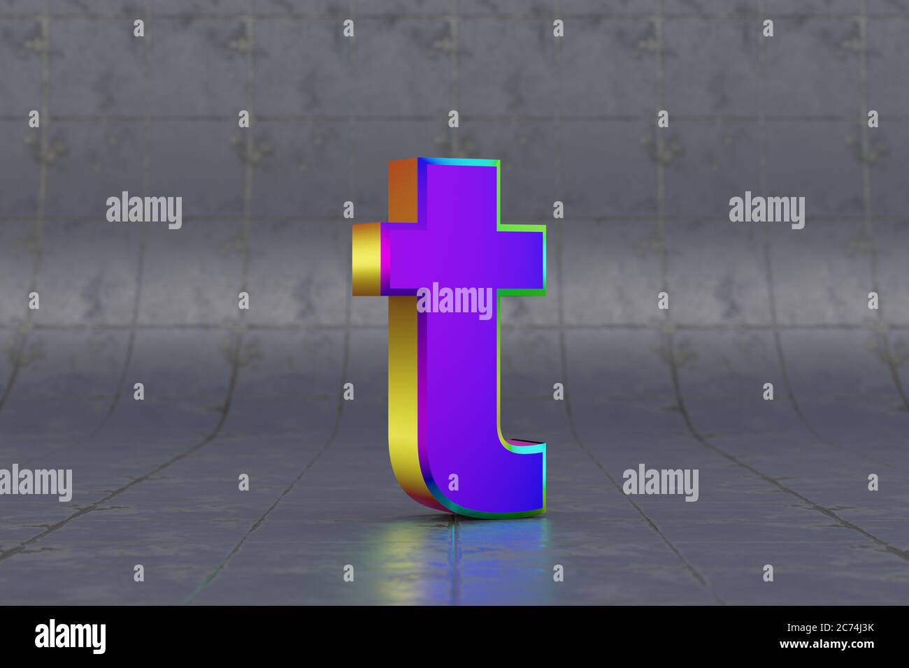 Multicolor 3d letter T lowercase. Glossy iridescent letter on tile ...
