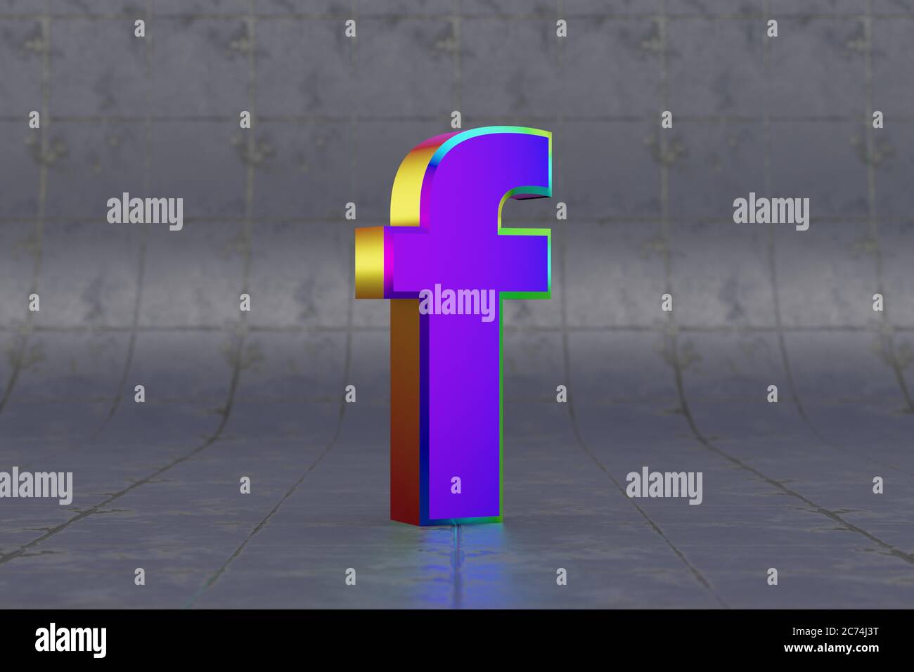 Multicolor 3d letter F lowercase. Glossy iridescent letter on tile ...
