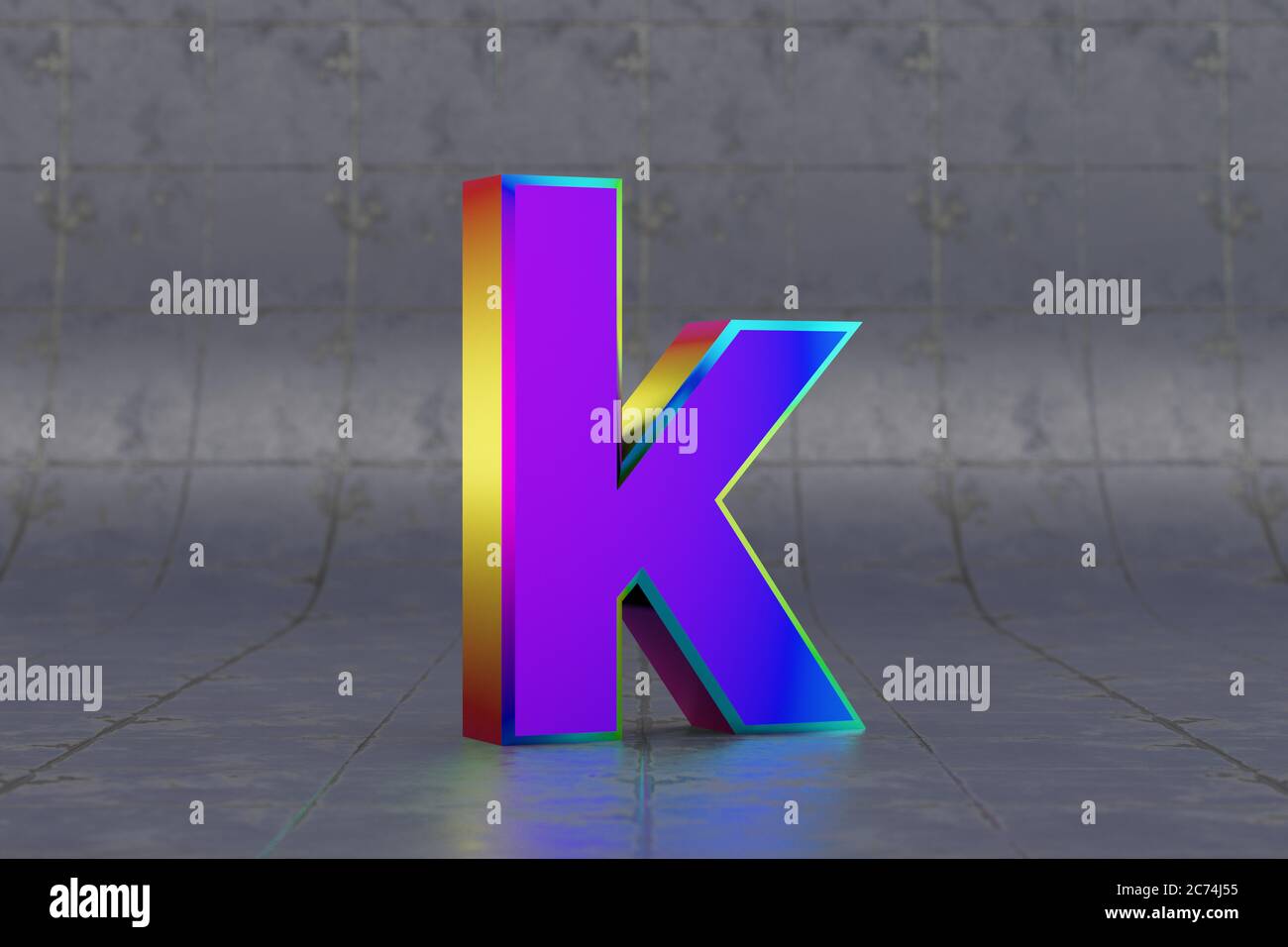 Multicolor 3d letter K lowercase. Glossy iridescent letter on tile background. Metallic alphabet ...