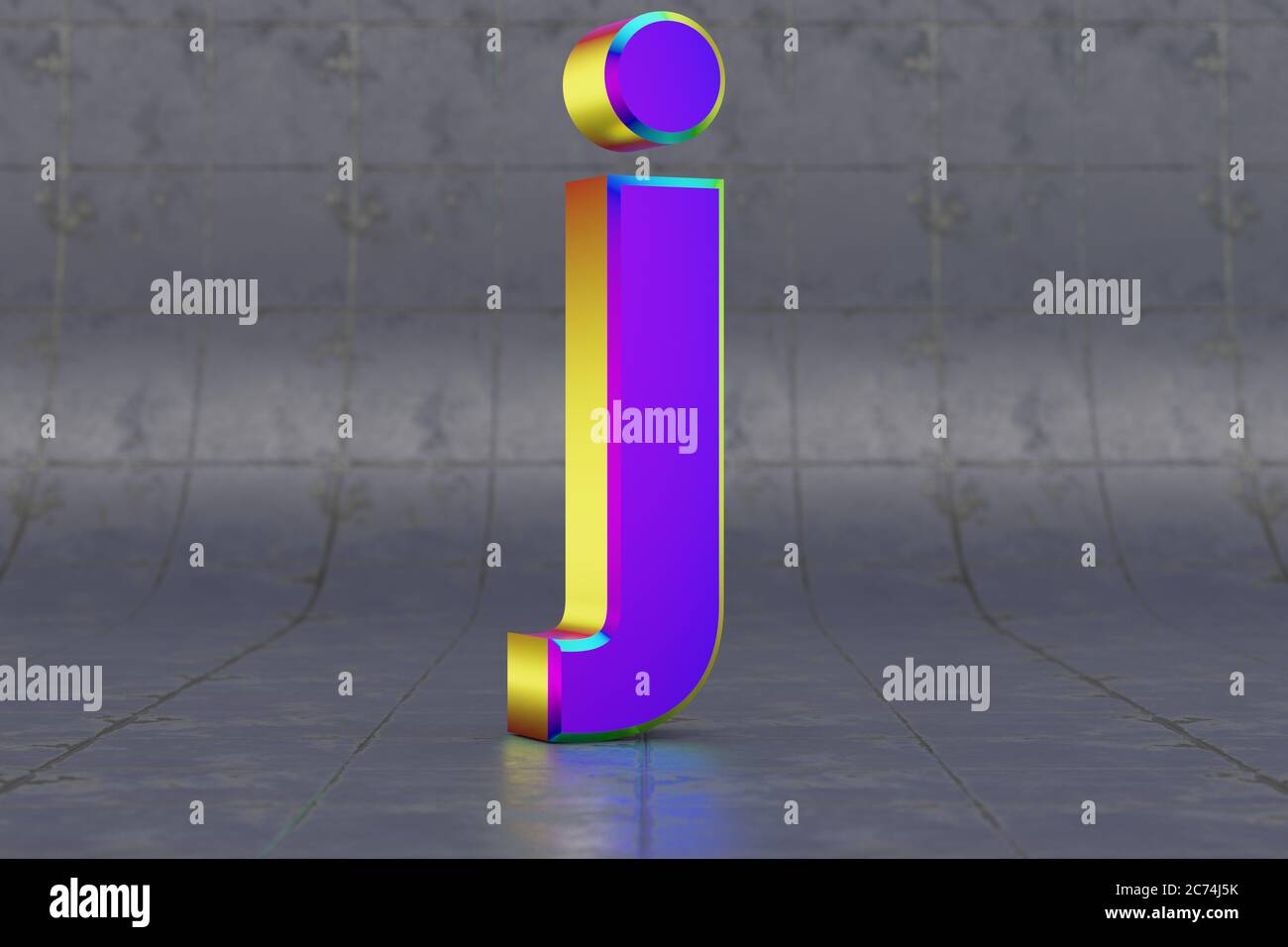 Multicolor 3d letter J lowercase. Glossy iridescent letter on tile ...