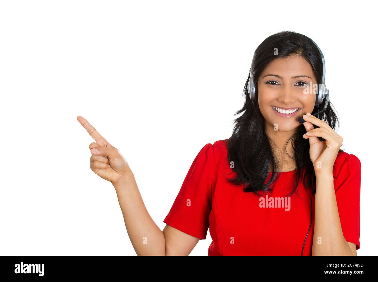 Closeup portrait of a smiling female customer representative with phone ...