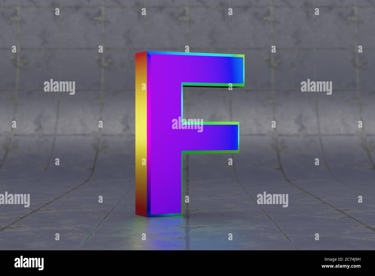 Multicolor 3d letter F uppercase. Glossy iridescent letter on tile ...