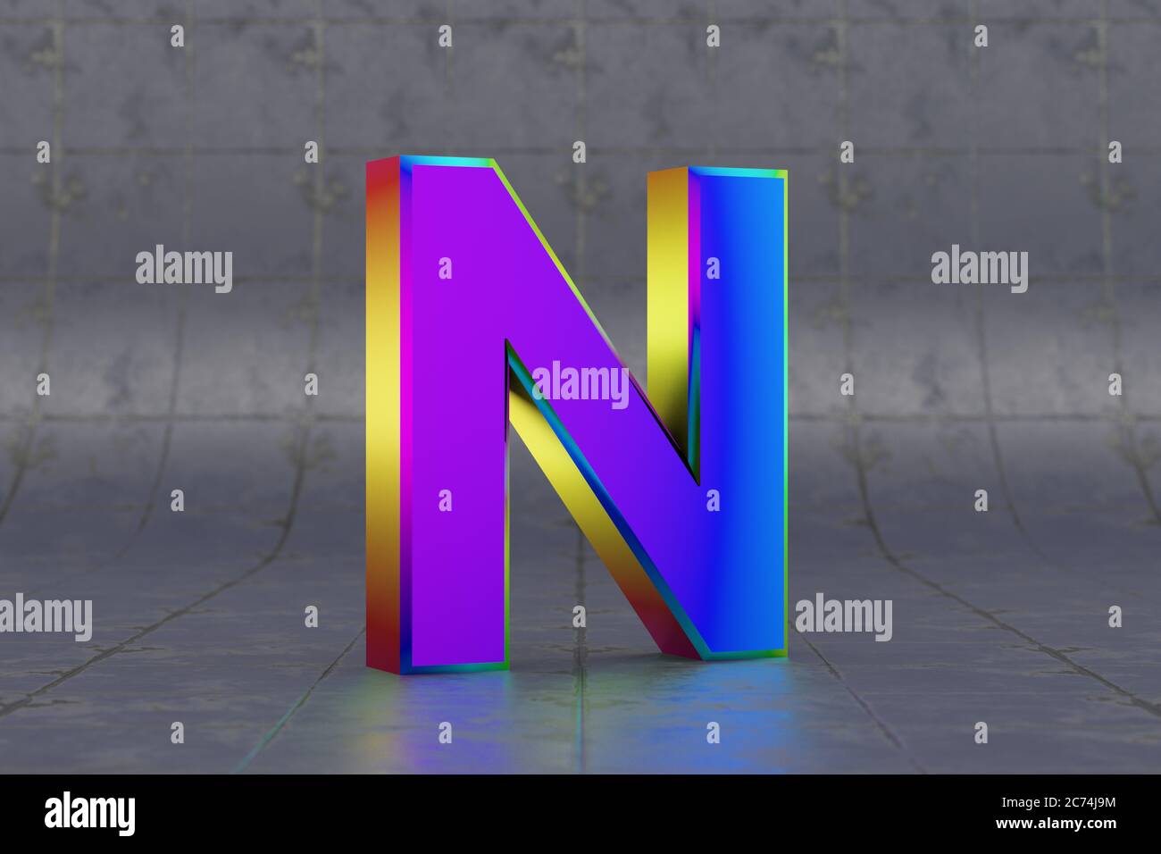 Multicolor 3d letter N uppercase. Glossy iridescent letter on tile ...