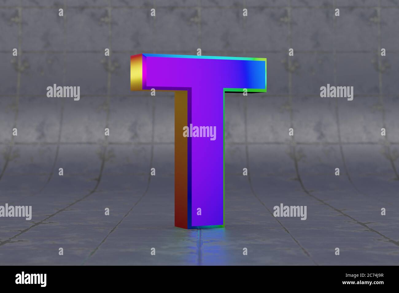 Multicolor 3d letter T uppercase. Glossy iridescent letter on tile ...