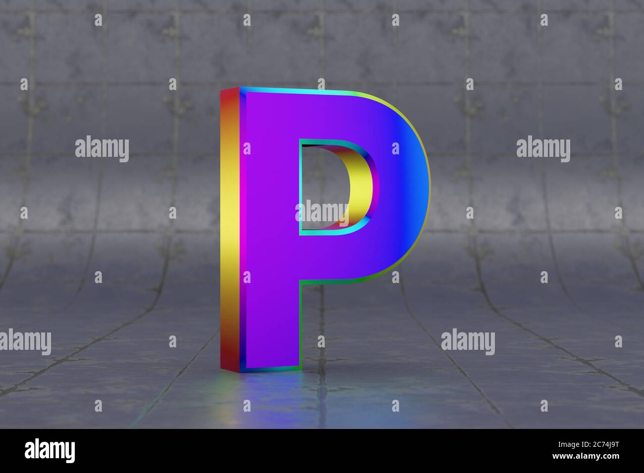 Multicolor 3d letter P uppercase. Glossy iridescent letter on tile ...