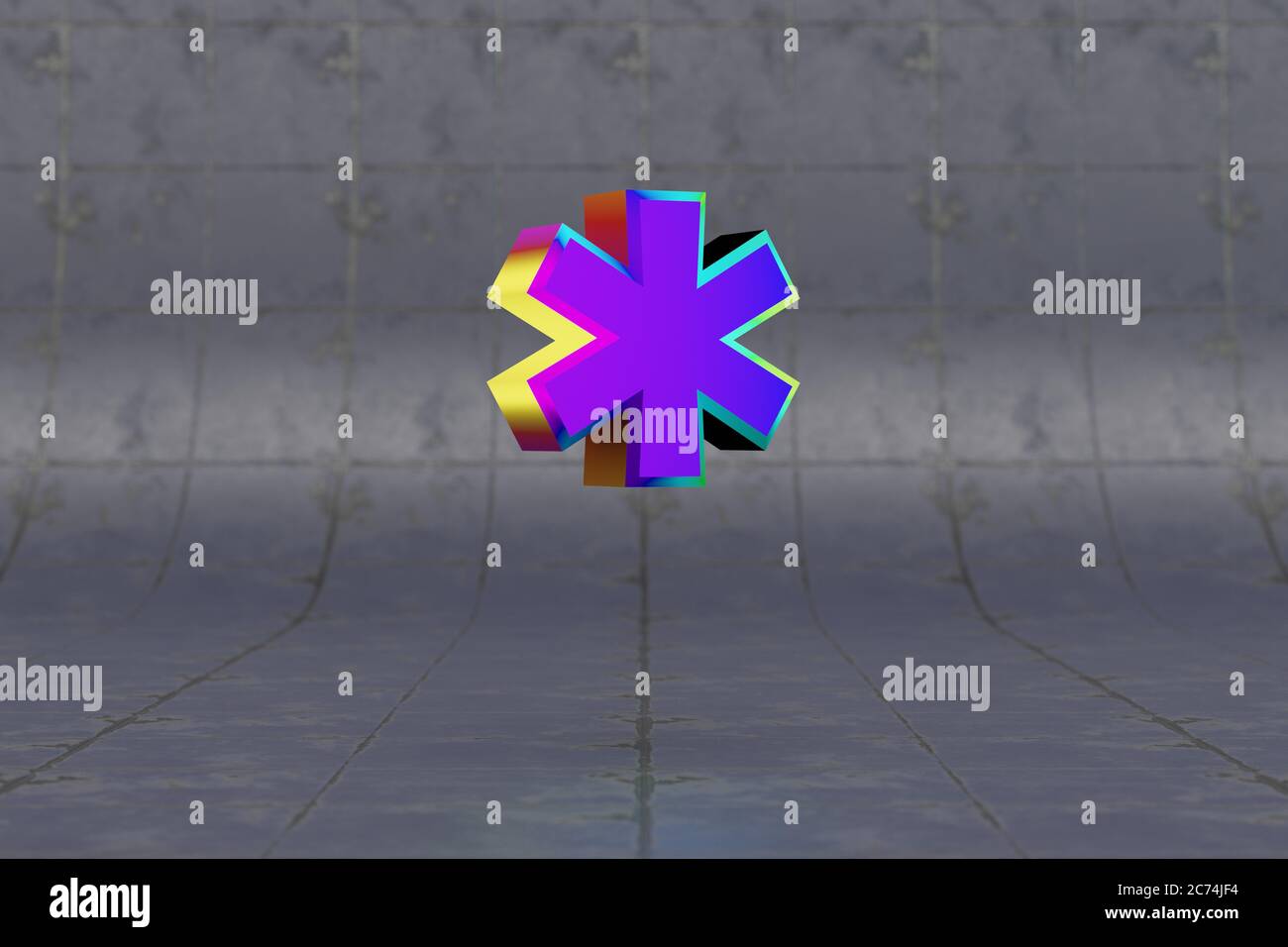 Multicolor 3d asterisk symbol. Glossy iridescent sign on tile ...