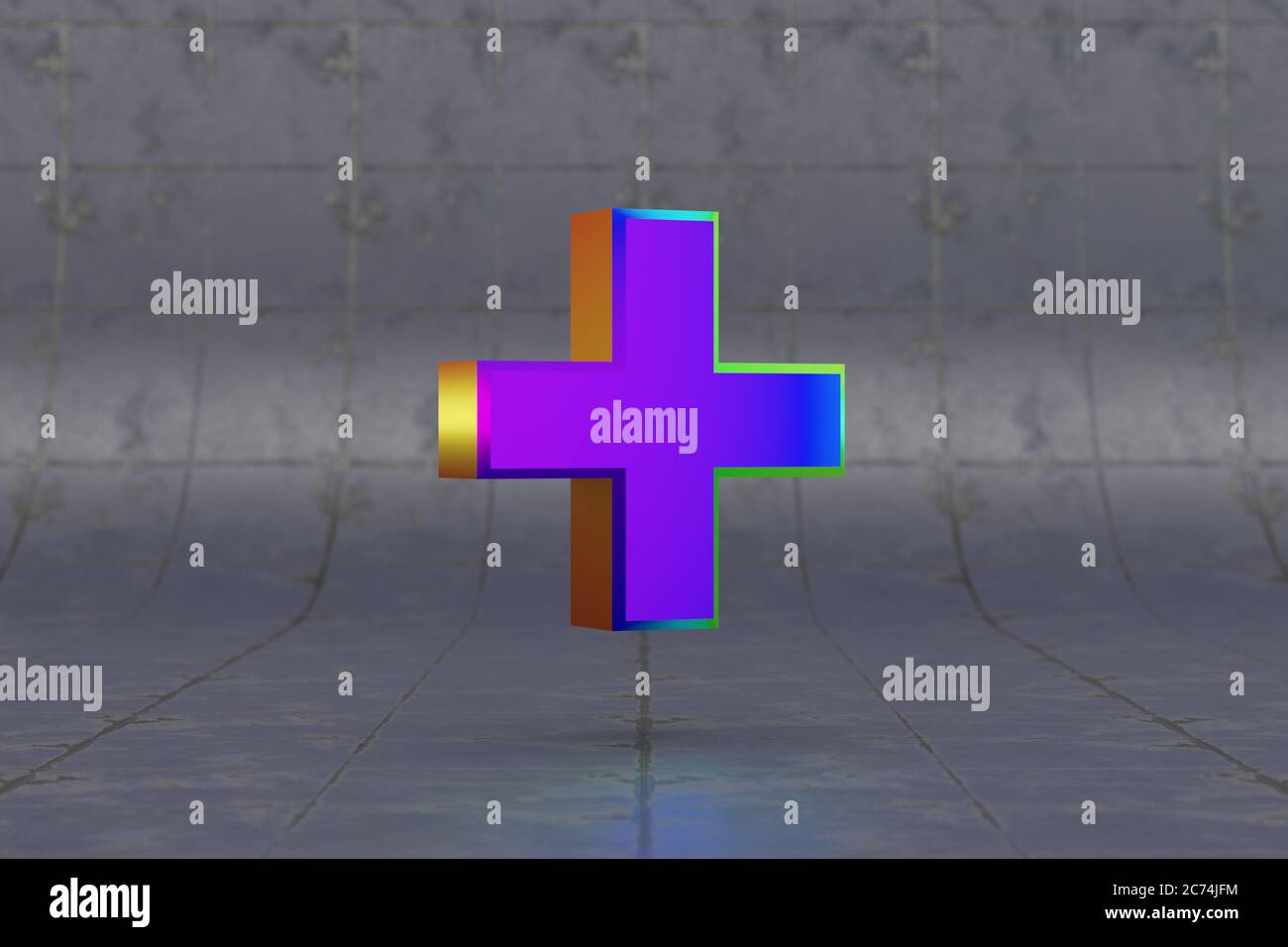 Multicolor 3d plus symbol. Glossy iridescent sign on tile background ...