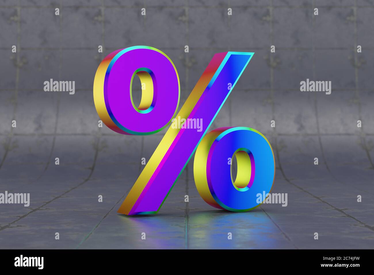 Multicolor 3d percent symbol. Glossy iridescent sign on tile background ...