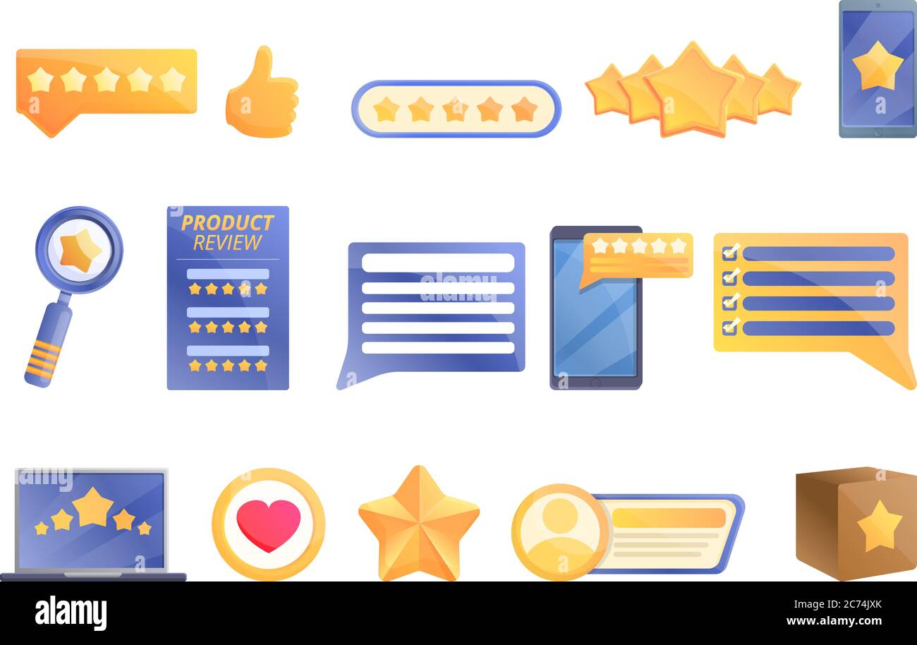 Product review icons set. Cartoon set of product review vector icons ...