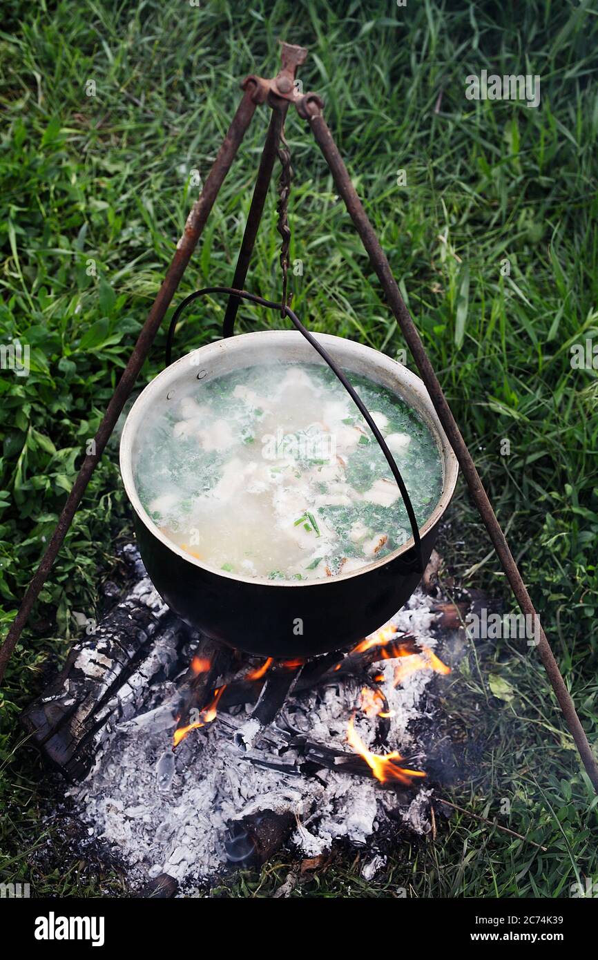 Campfire cooking in the field Stock Photo - Alamy