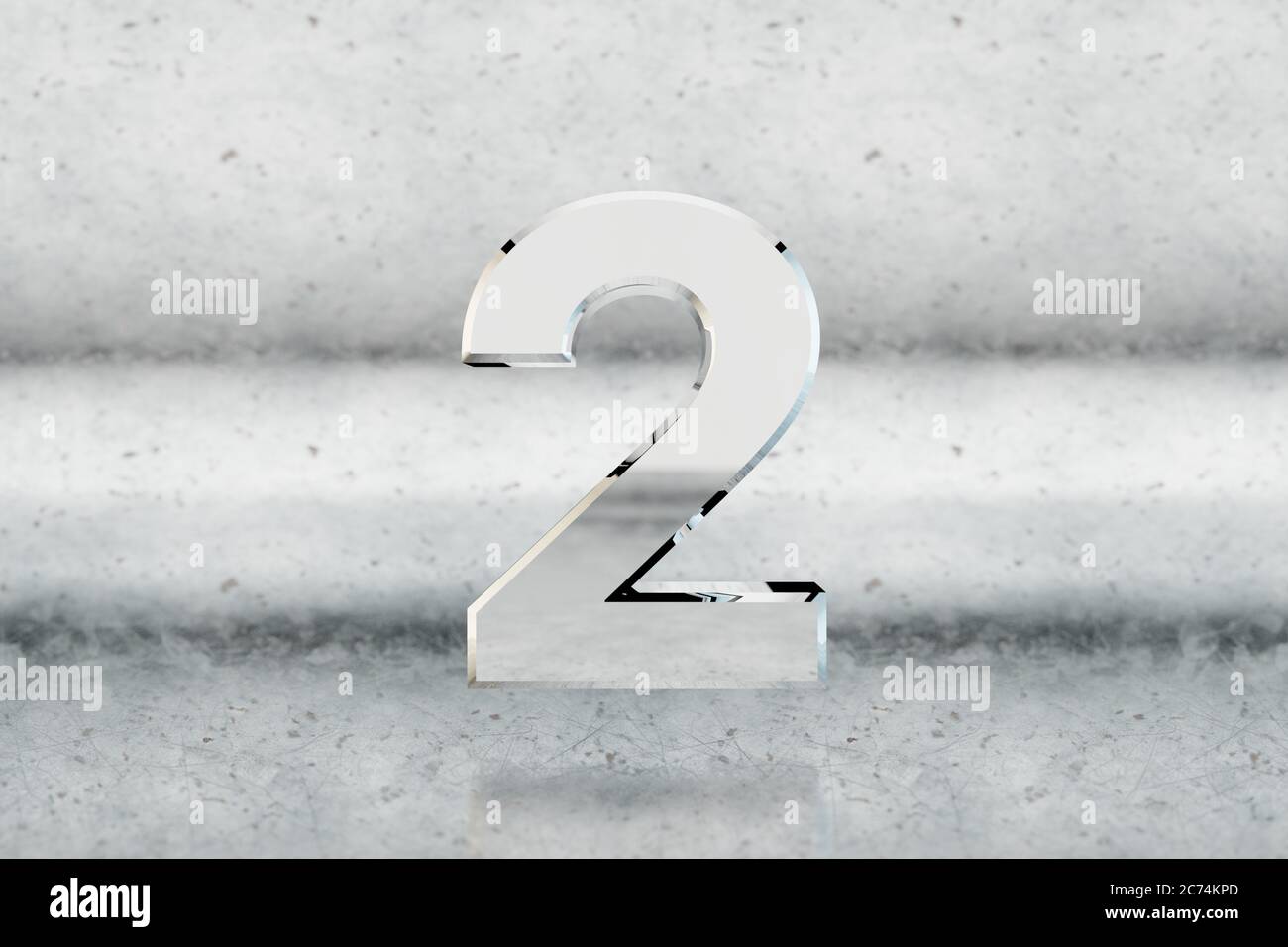 Chrome 3d number 2. Glossy chrome number on scratched metal background ...