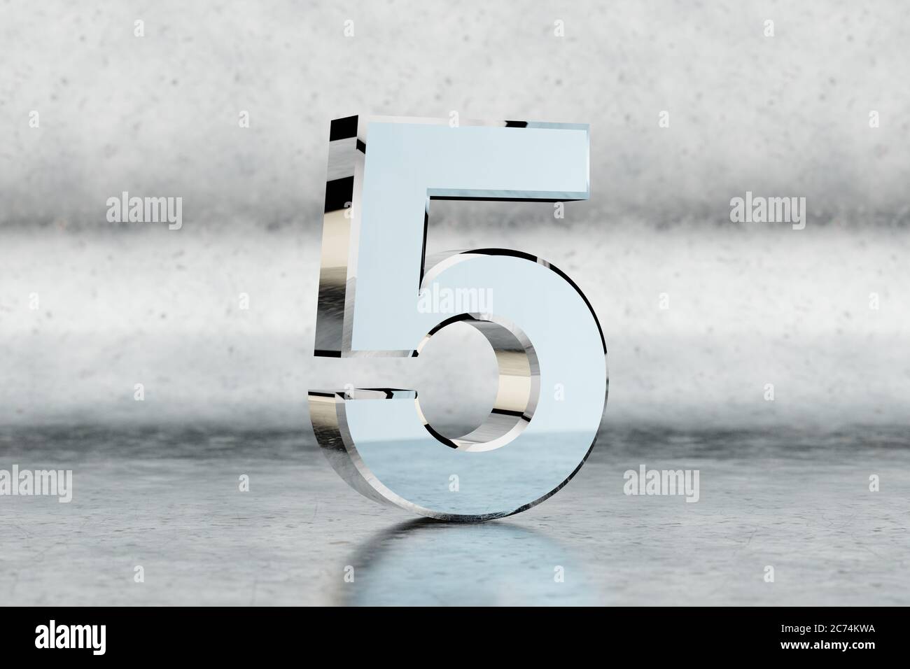 Chrome 3d number 5. Glossy chrome number on scratched metal background ...
