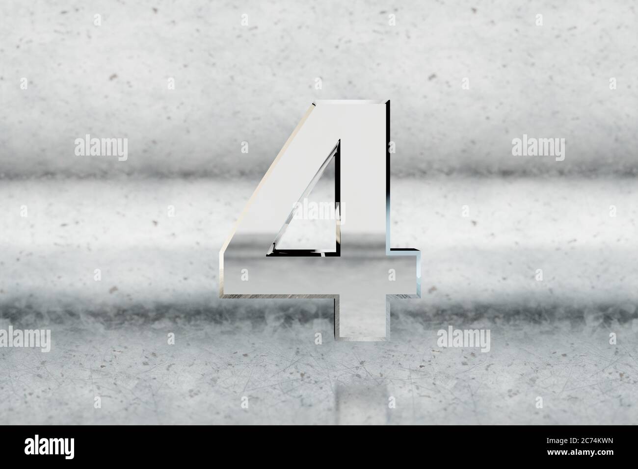 Chrome 3d number 4. Glossy chrome number on scratched metal background ...