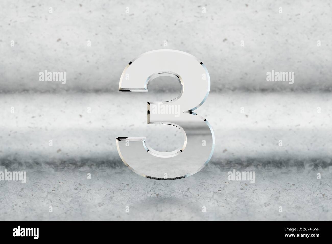 Chrome 3d number 3. Glossy chrome number on scratched metal background ...