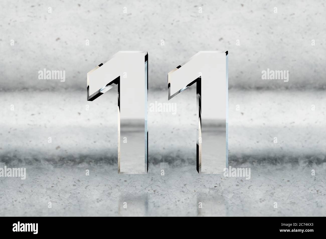 Chrome 3d number 11. Glossy chrome number on scratched metal background ...