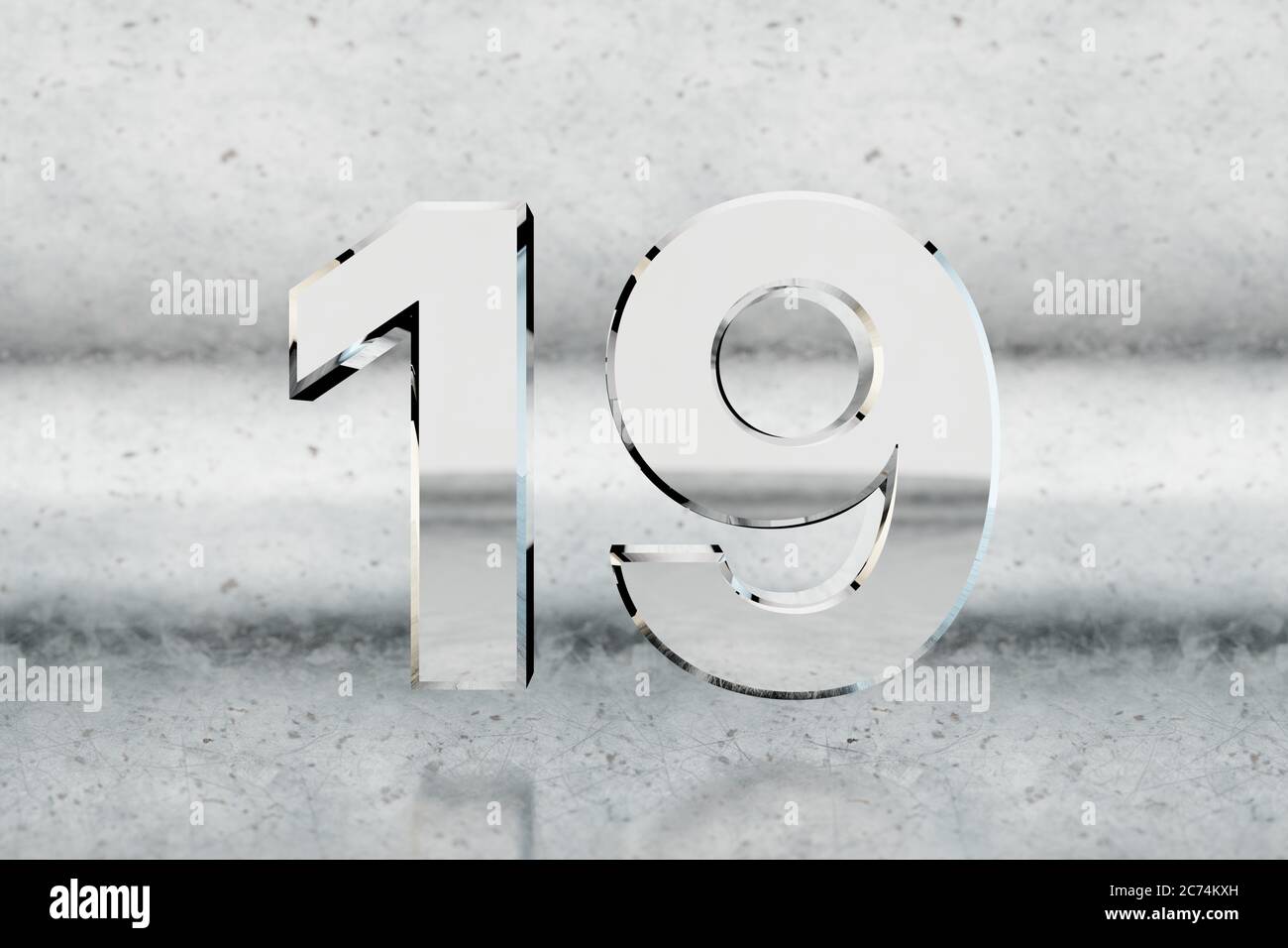 Chrome 3d number 19. Glossy chrome number on scratched metal background ...