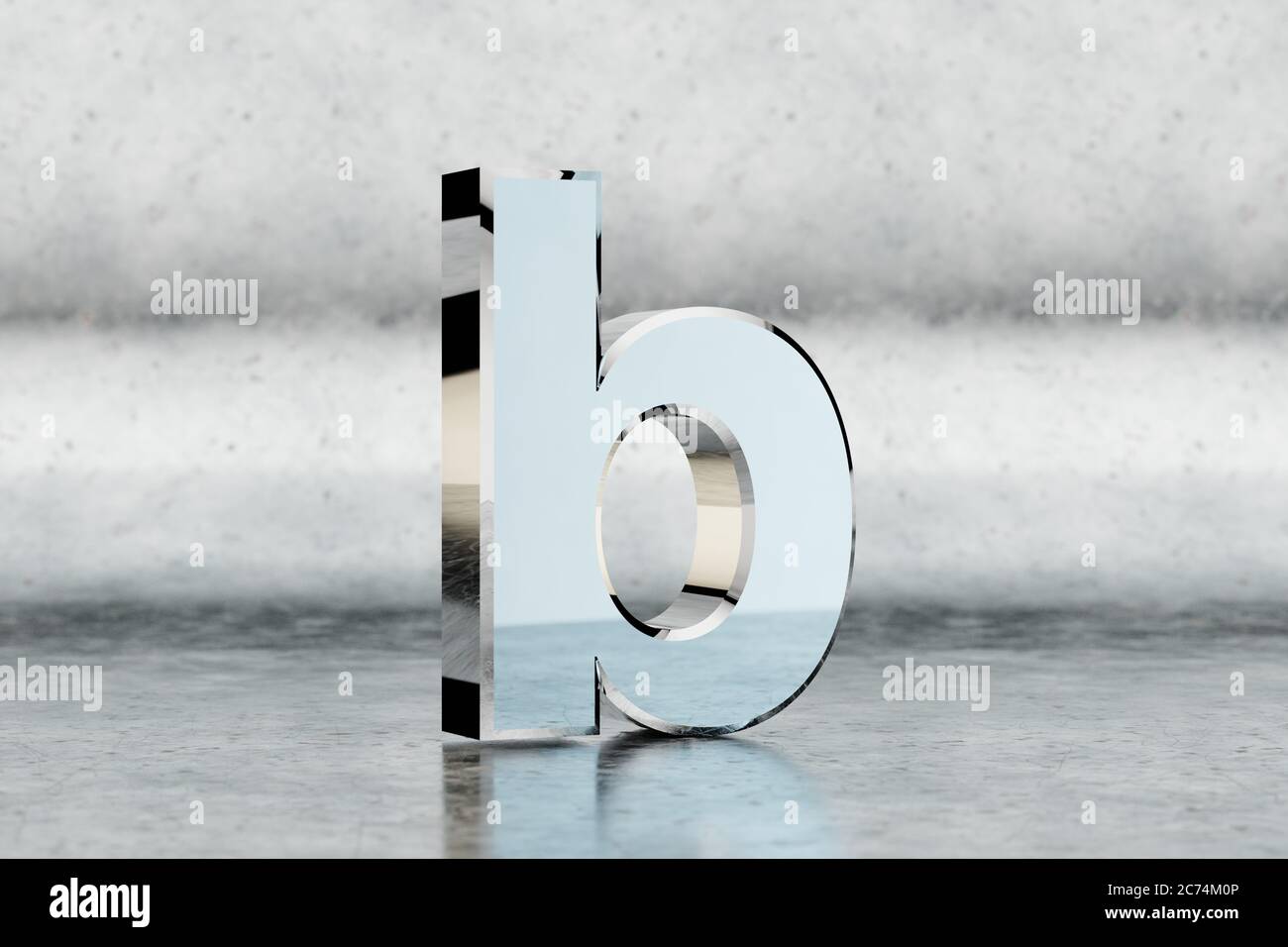 Chrome 3d letter B lowercase. Glossy chrome letter on scratched metal ...