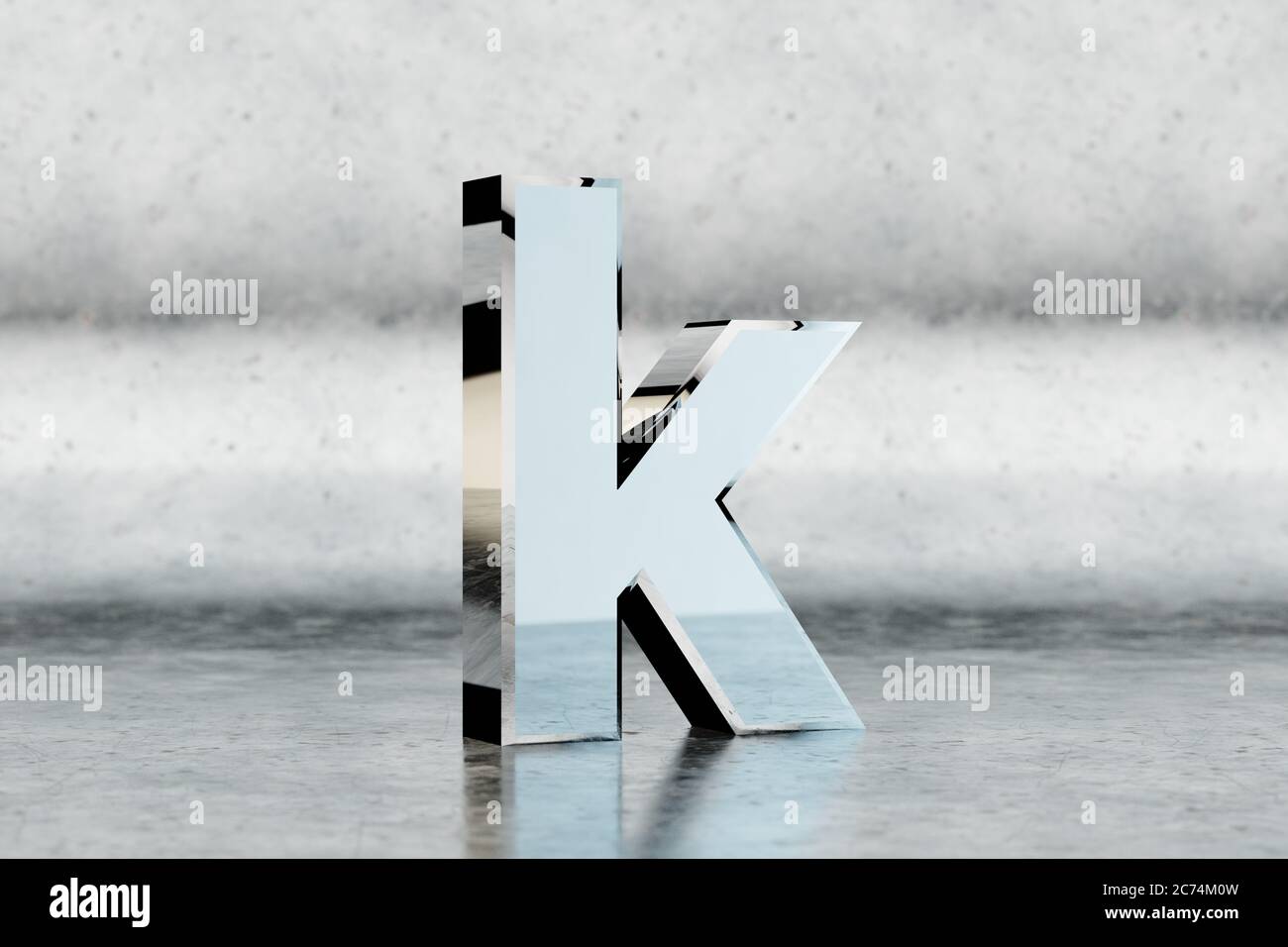 Chrome 3d letter K lowercase. Glossy chrome letter on scratched metal ...