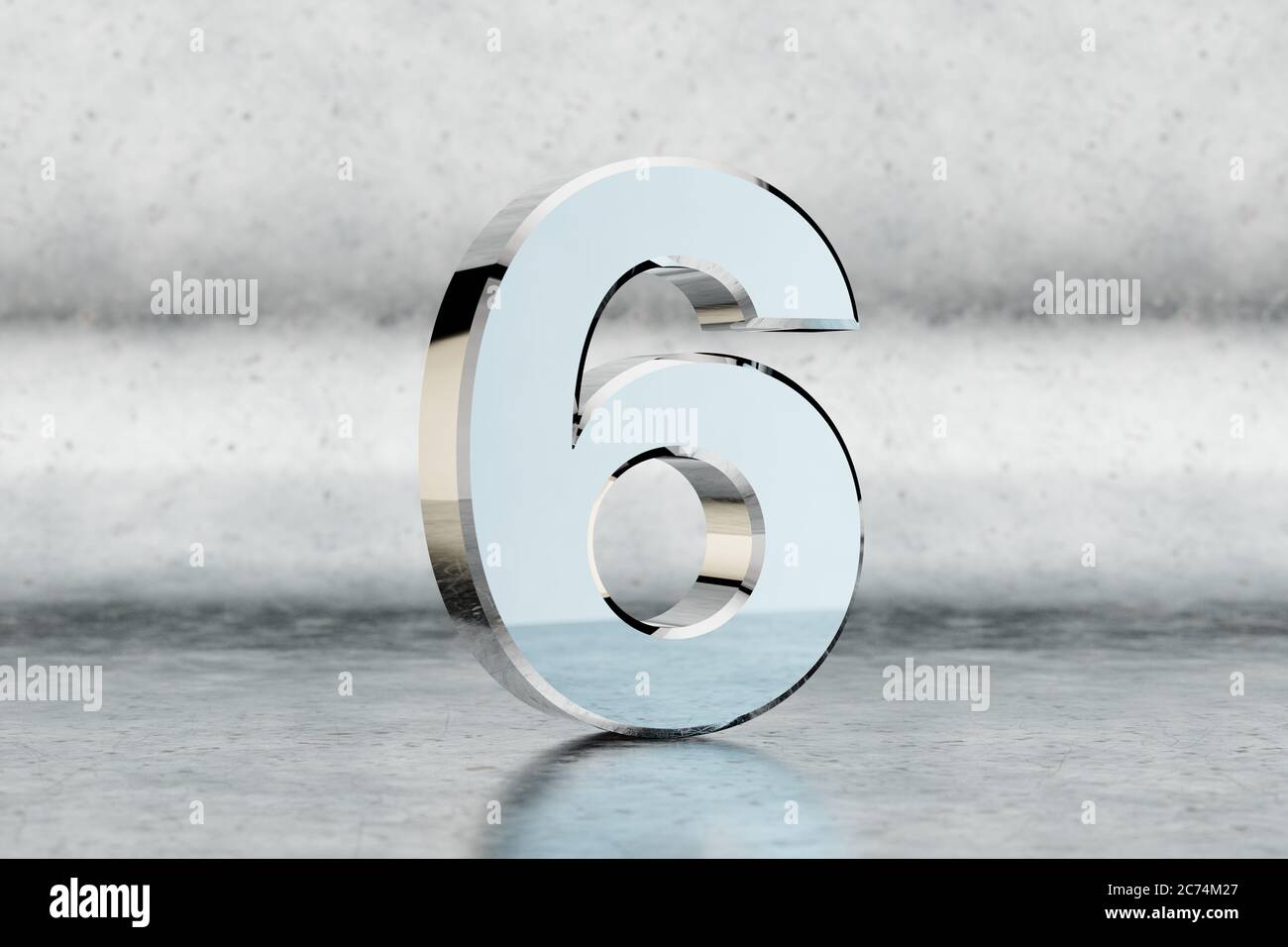 Chrome 3d number 6. Glossy chrome number on scratched metal background ...