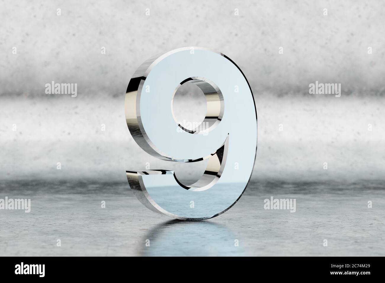 Chrome 3d number 9. Glossy chrome number on scratched metal background ...