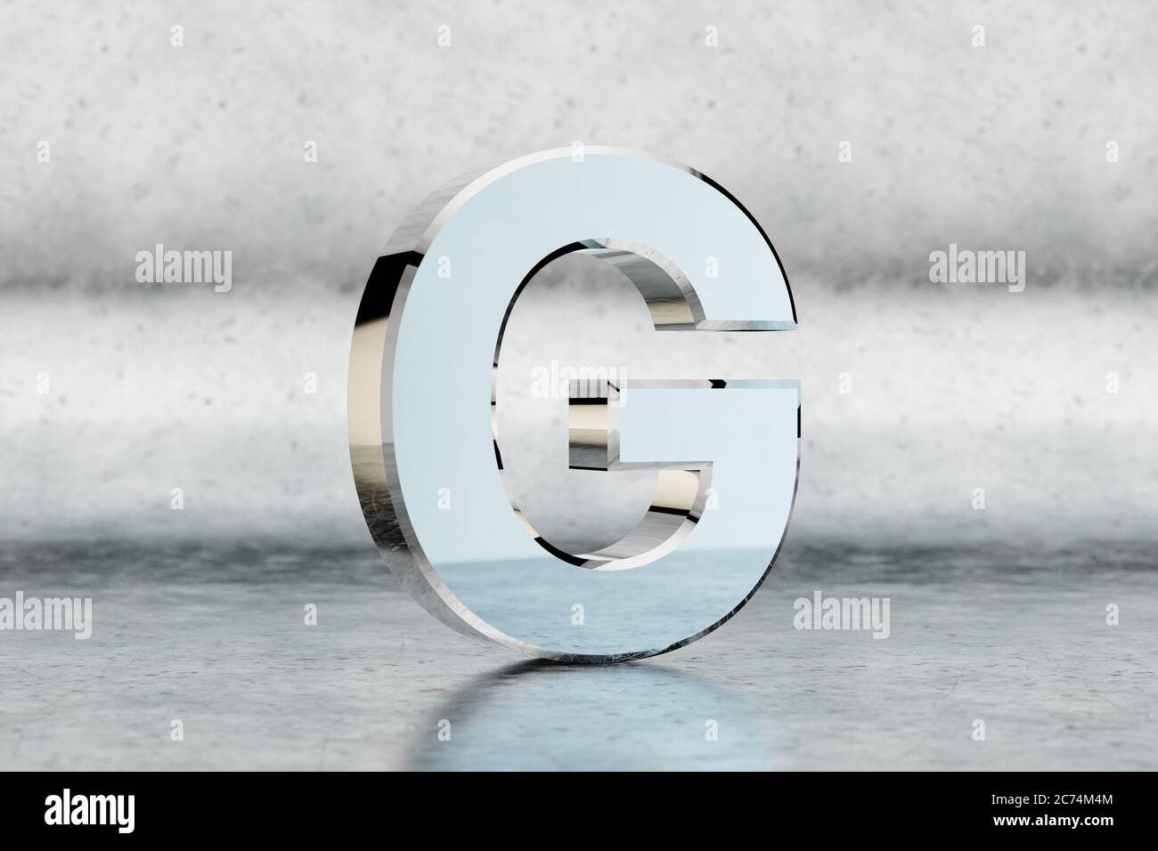 Chrome 3d letter G uppercase. Glossy chrome letter on scratched metal ...