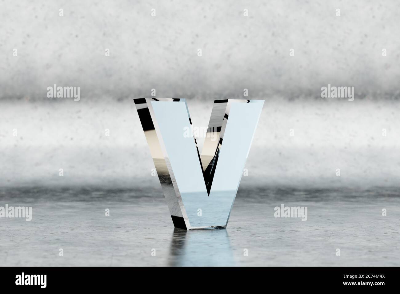 Chrome 3d letter V lowercase. Glossy chrome letter on scratched metal ...