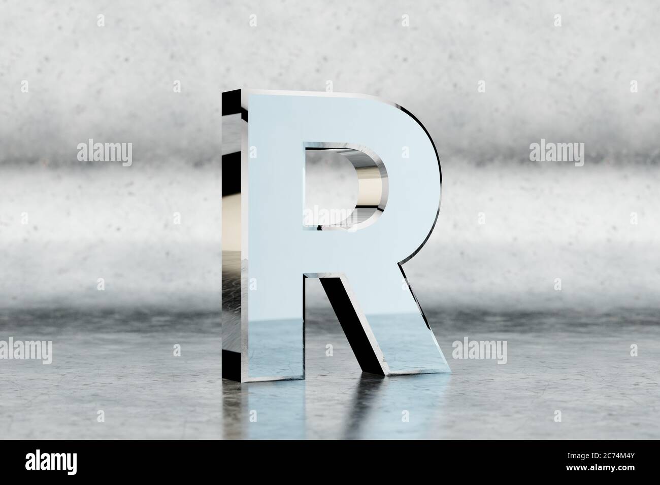 Chrome 3d letter R uppercase. Glossy chrome letter on scratched metal ...